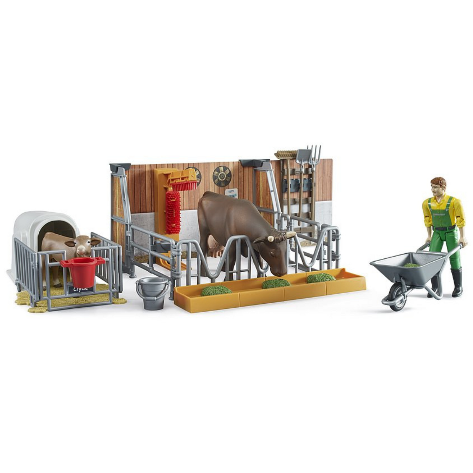 Bruder Toys BWorld Cow & Calf Barn with Farmer 62611