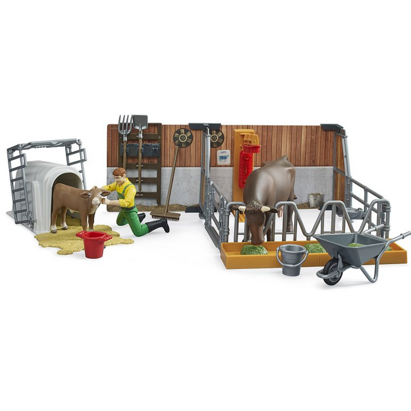 Bruder Toys BWorld Cow & Calf Barn with Farmer 62611